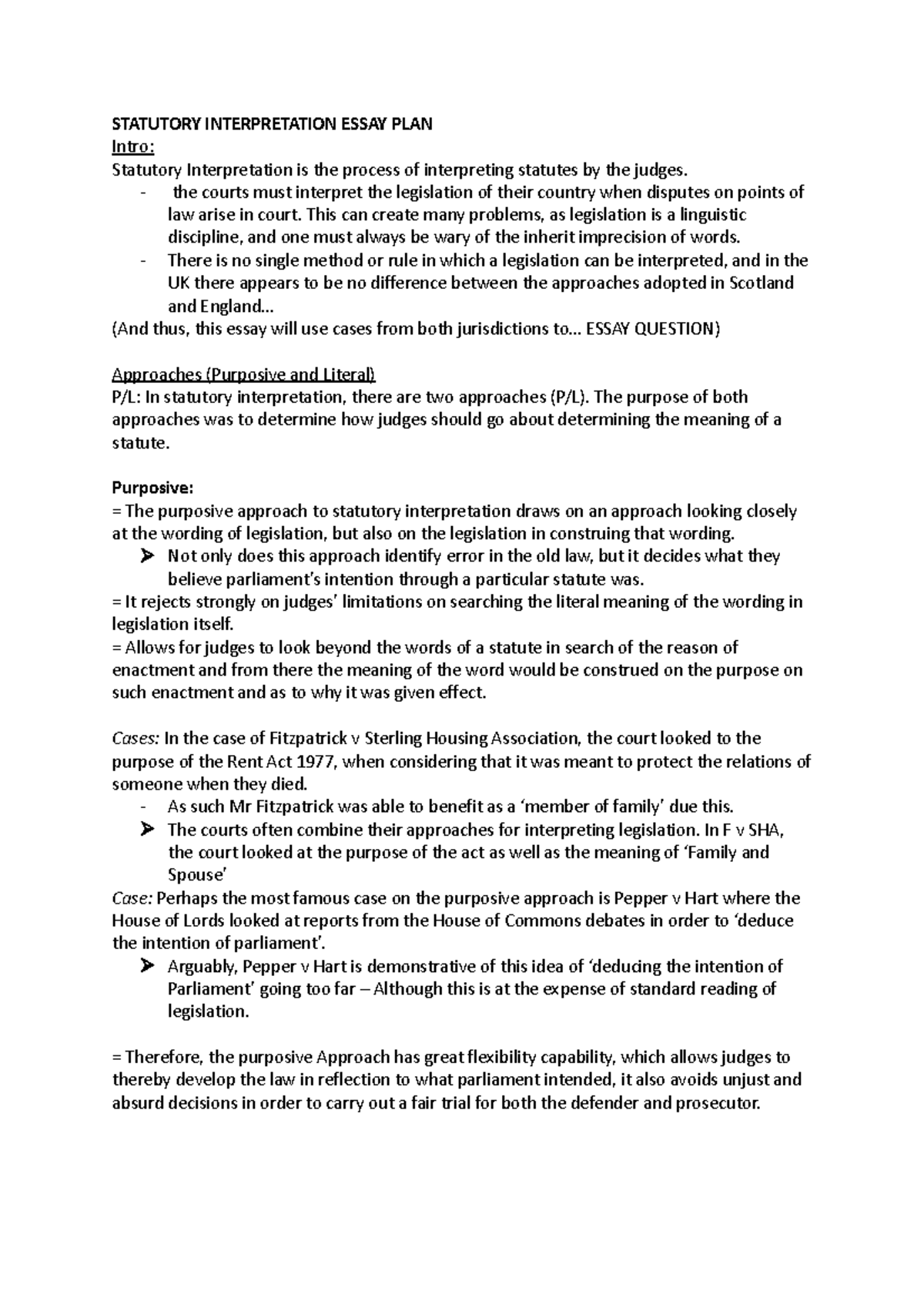 Statutory Essay Plan - great - STATUTORY INTERPRETATION ESSAY PLAN ...