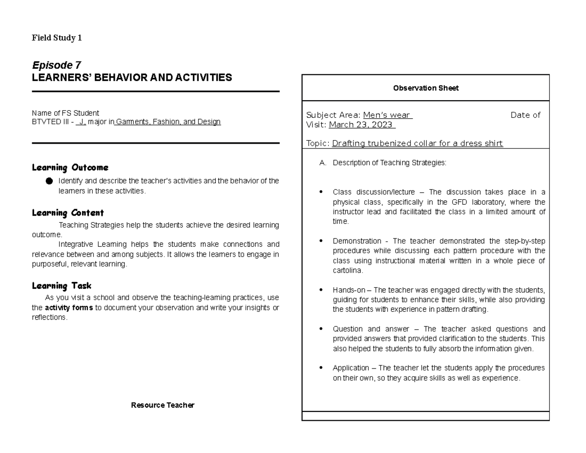 FS 1 Episode 7 - FIELD STUDY 1 - Field Study 1 Episode 7 LEARNERS ...