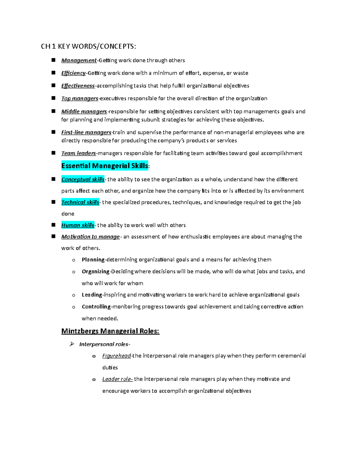 Docx - Lecture notes exam 1 terms - CH 1 KEY WORDS/CONCEPTS: Management ...