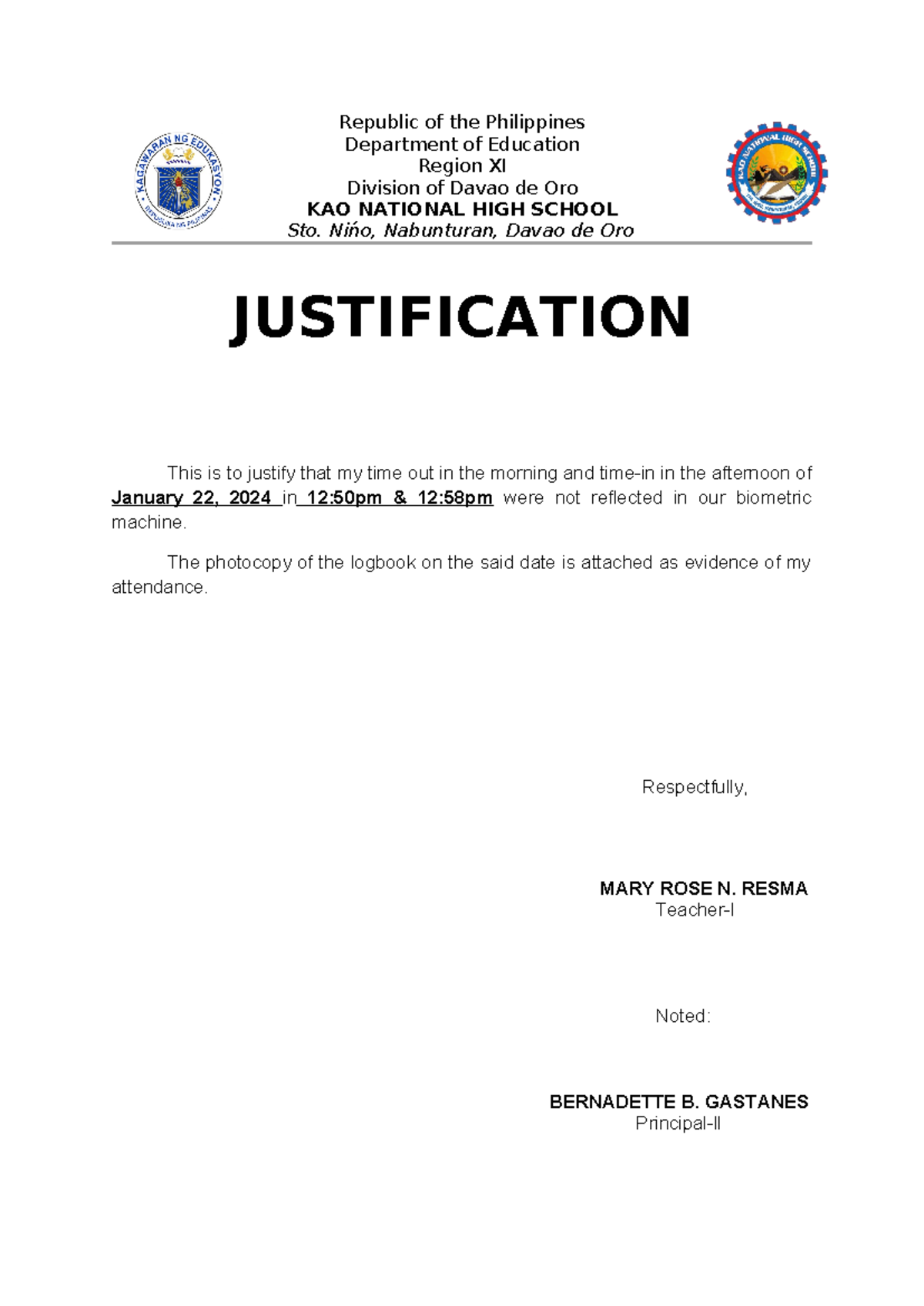 Justification-letter - Republic of the Philippines Department of ...