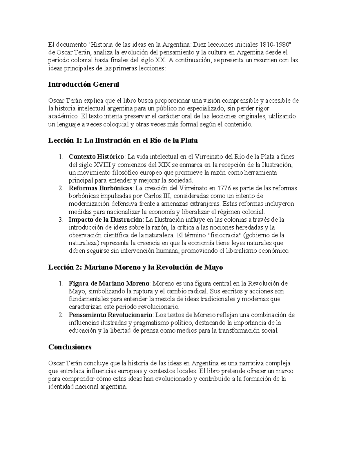 Resumen Terán - El documento "Historia de las ideas en la Argentina: Diez lecciones iniciales ...