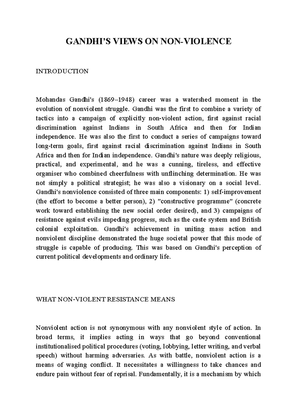 Gandhi’S Views ON NON- Violence - GANDHI’S VIEWS ON NON-VIOLENCE ...