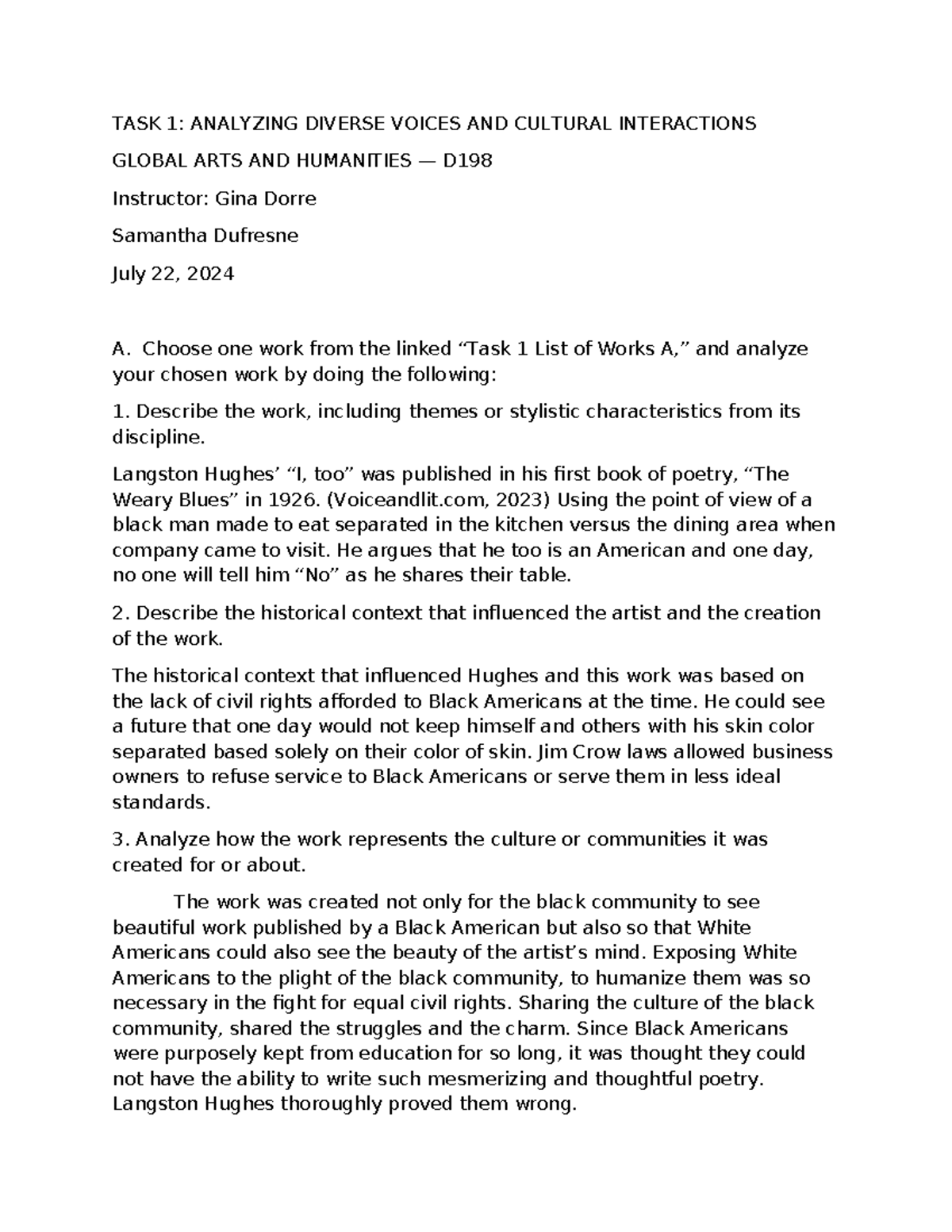 D198 Task 1- ANALYZING DIVERSE VOICES AND CULTURAL INTERACTIONS - TASK ...