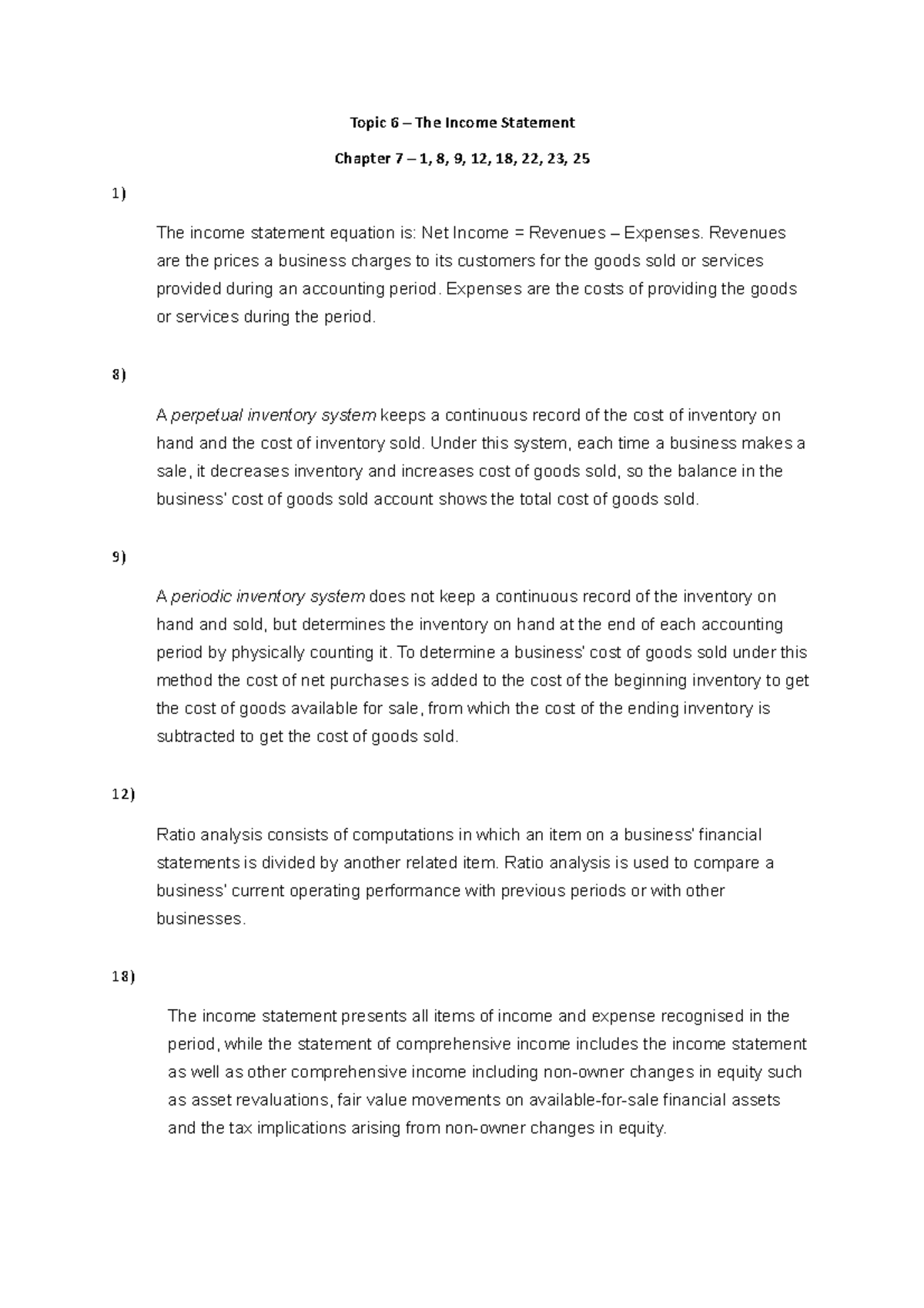 Workshop Week 7 - Questions and answers - Topic 6 The Income Statement ...