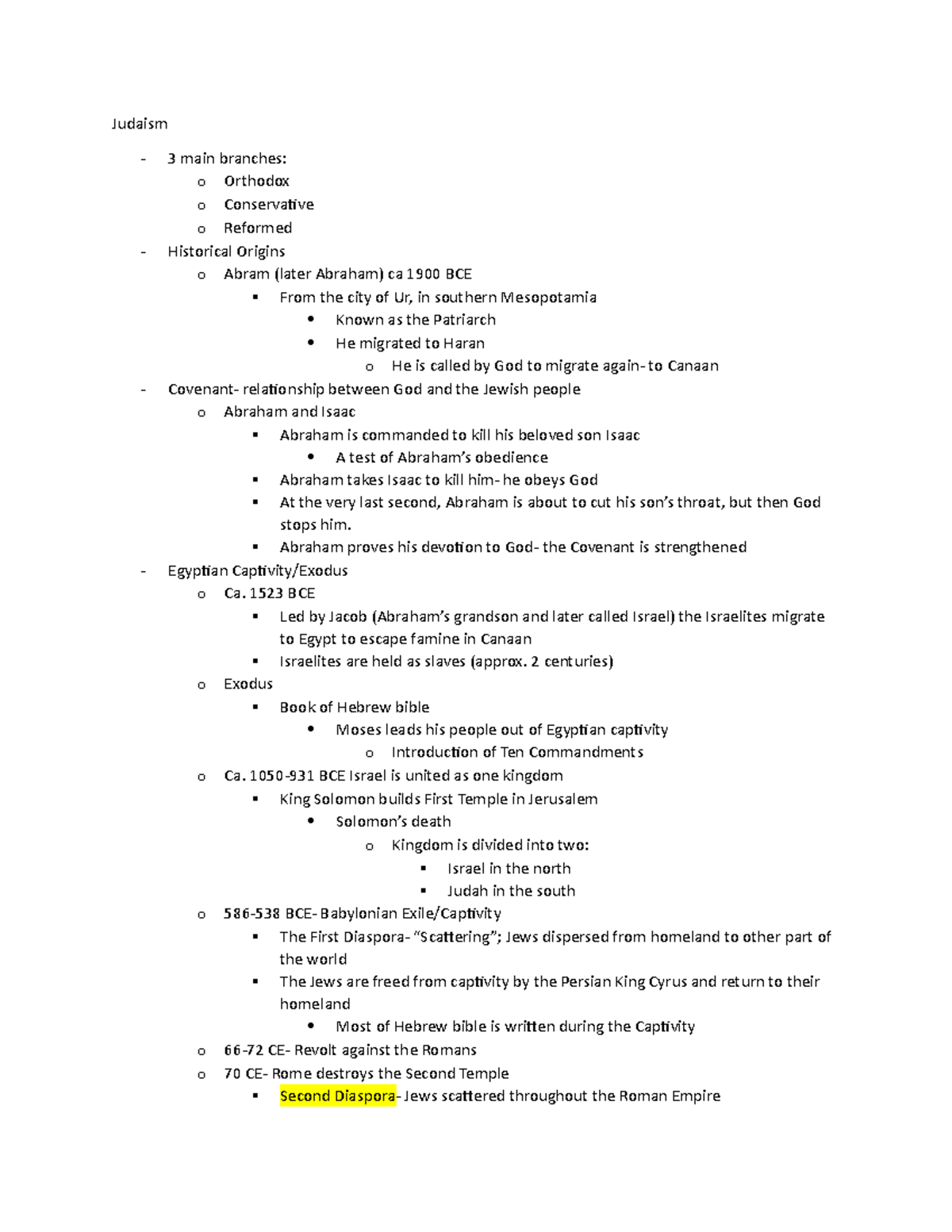 Judaism notes - Judaism 3 main branches: o Orthodox o Conservative o ...