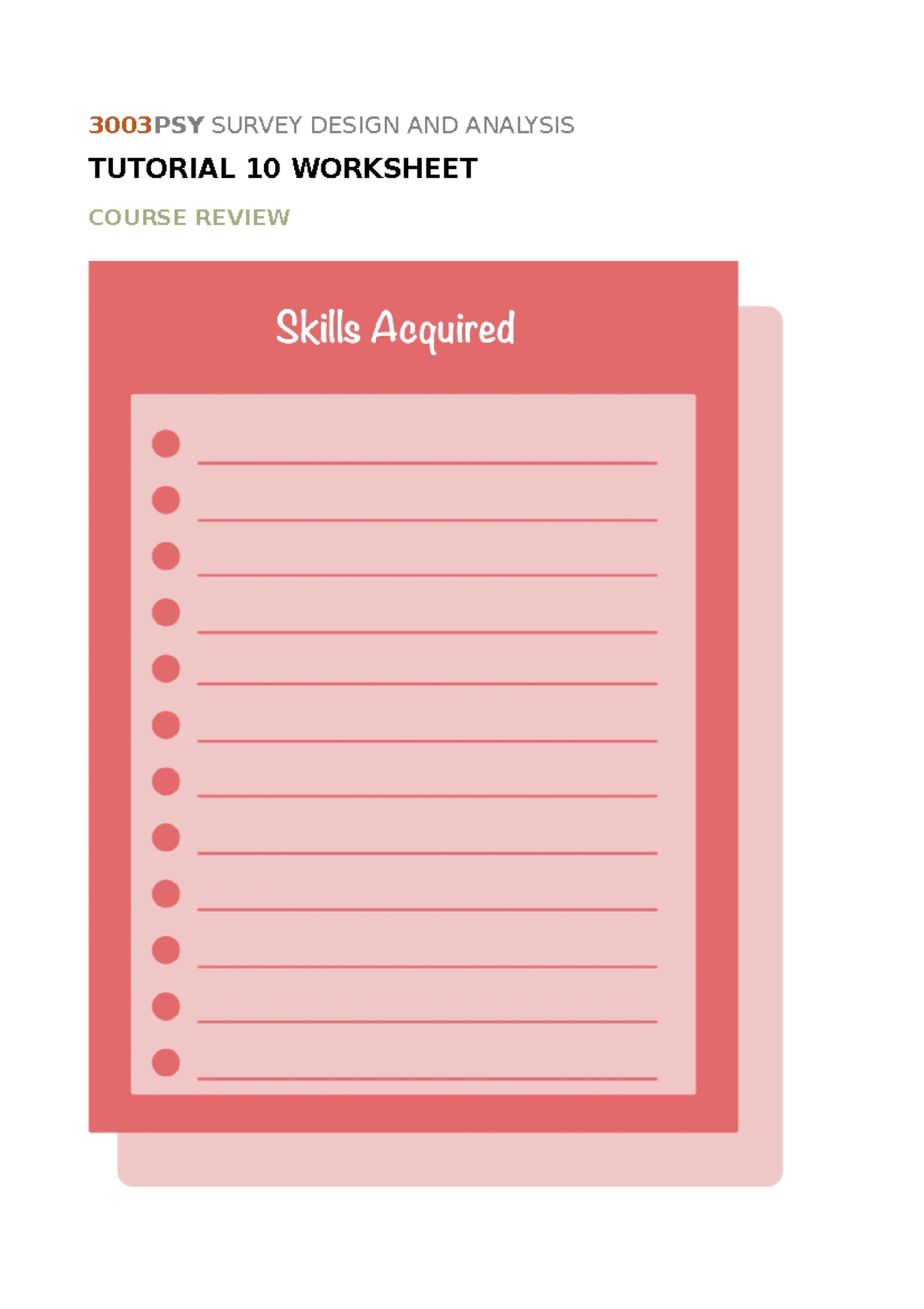 Tutorial 10 Worksheet - 3003 PSY SURVEY DESIGN AND ANALYSIS TUTORIAL 10 ...