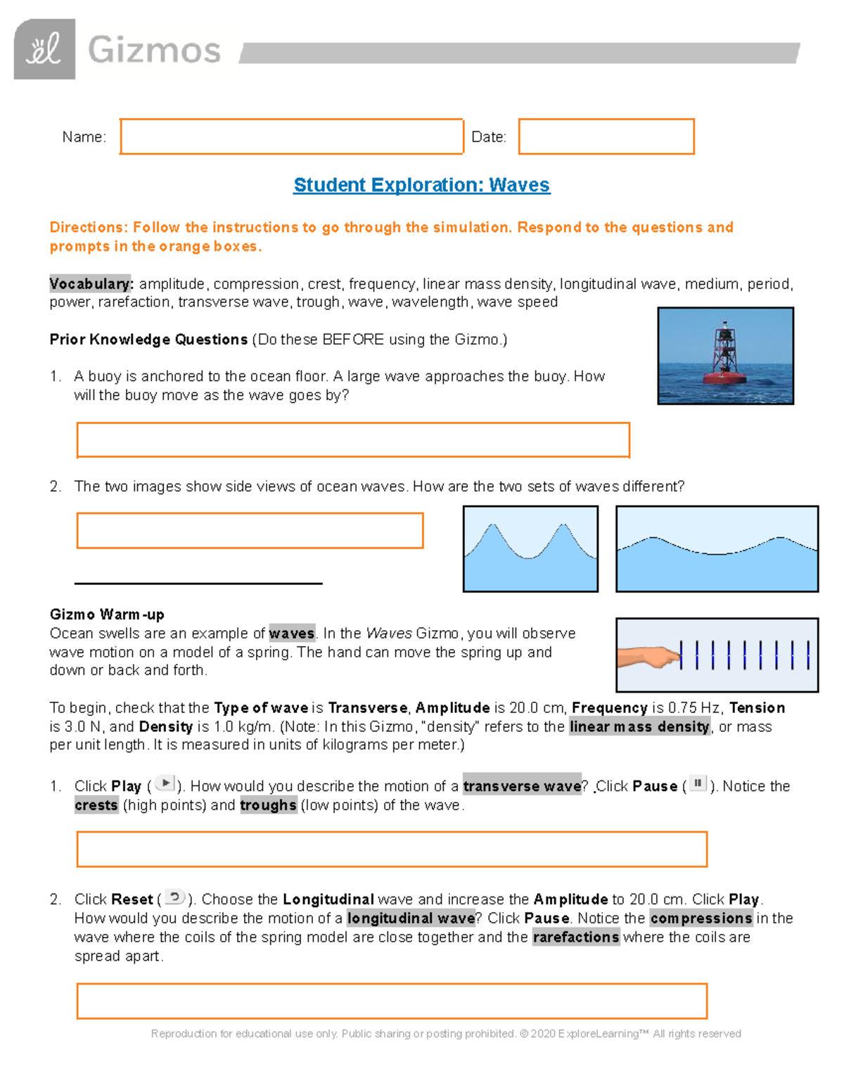 Waves Student Exploration - Name: Date: Student Exploration: Waves ...