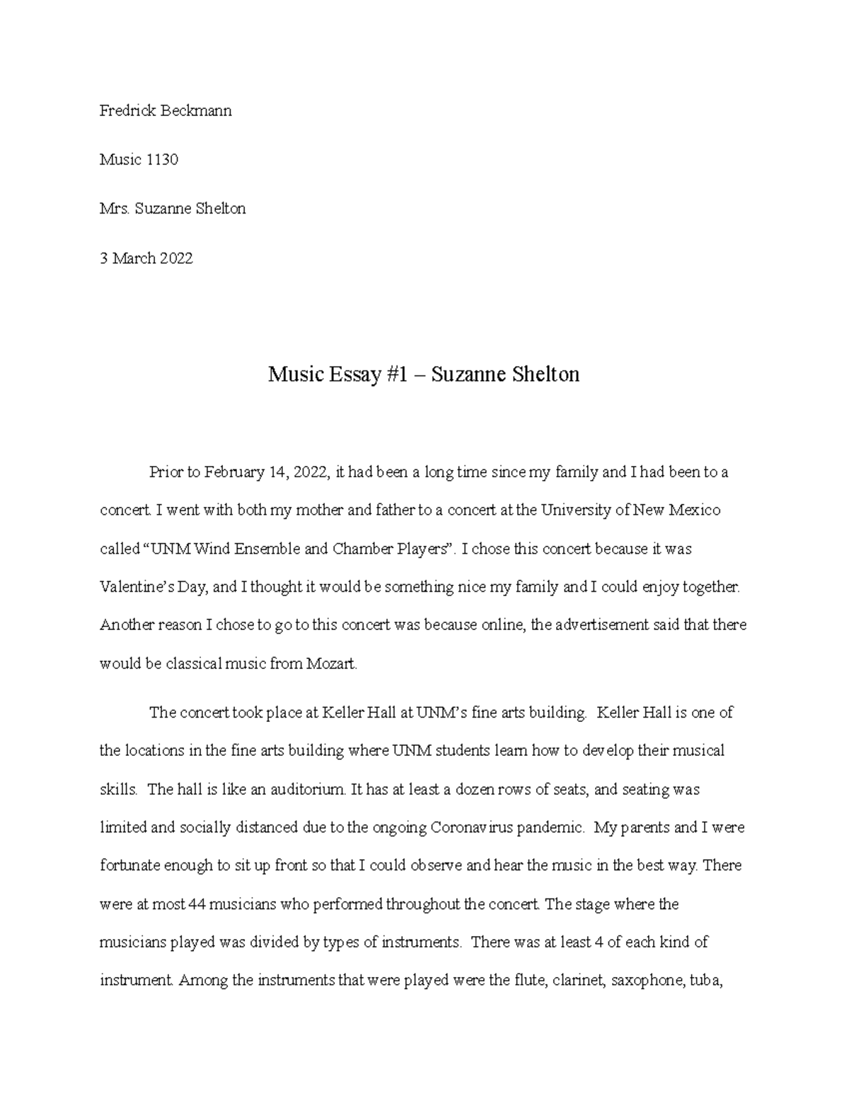Music Essay 1 - Suzanne Shelton - Fredrick Beckmann Music 1130 Mrs ...