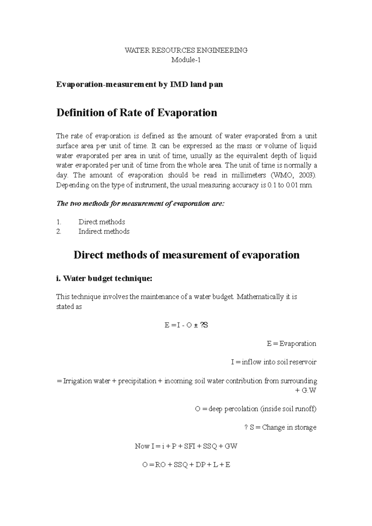 Evaporation-measurement by IMD land pan, control of evaporation - WATER ...