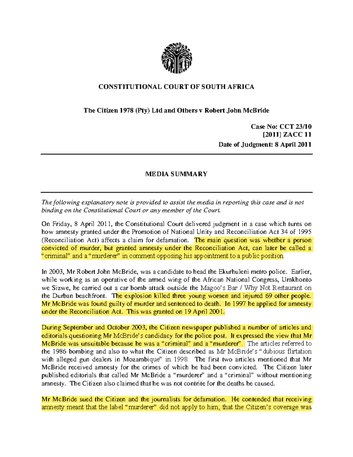 Mcbride case summary - CONSTITUTIONAL COURT OF SOUTH AFRICA The Citizen ...