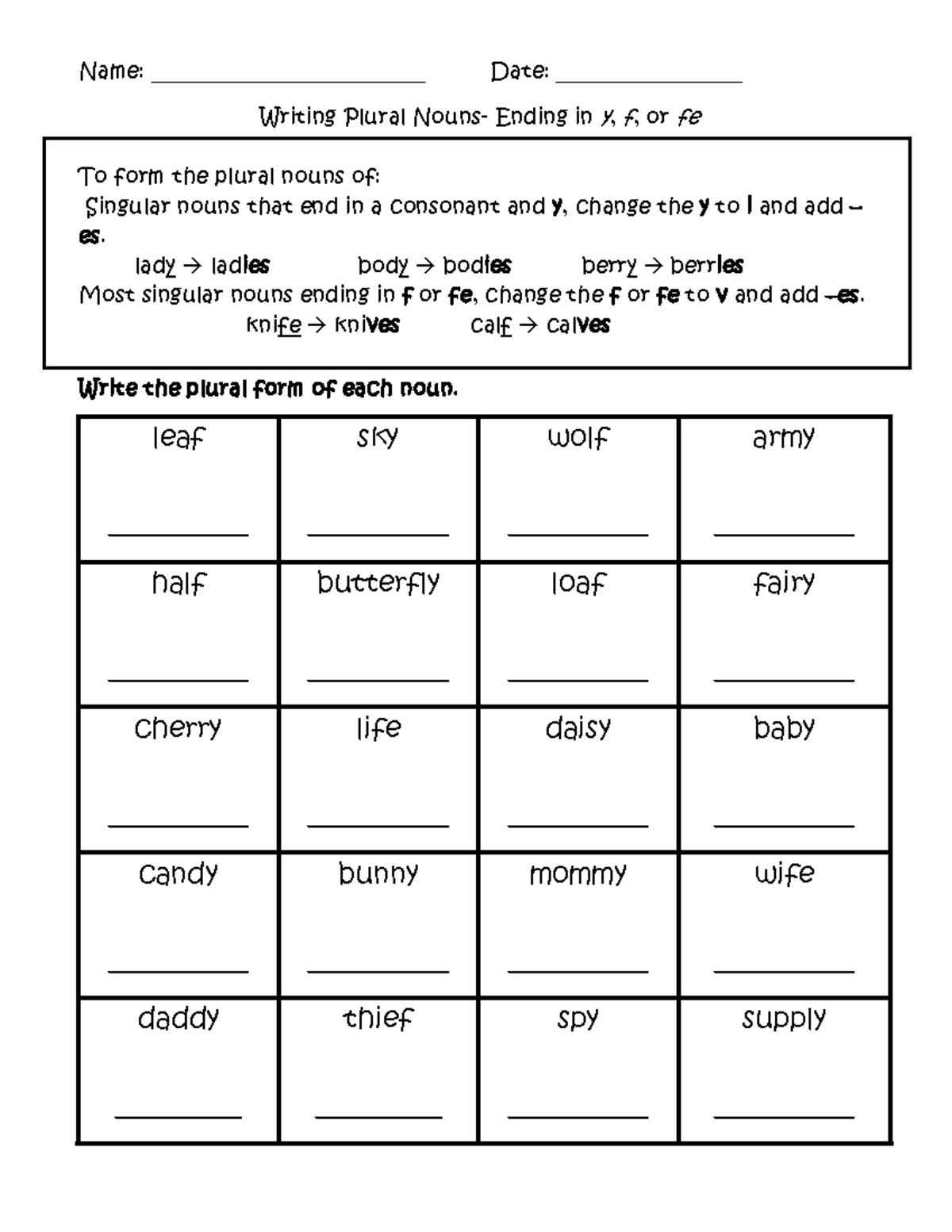 Singular and plural worksheets grade 7 - Name ...