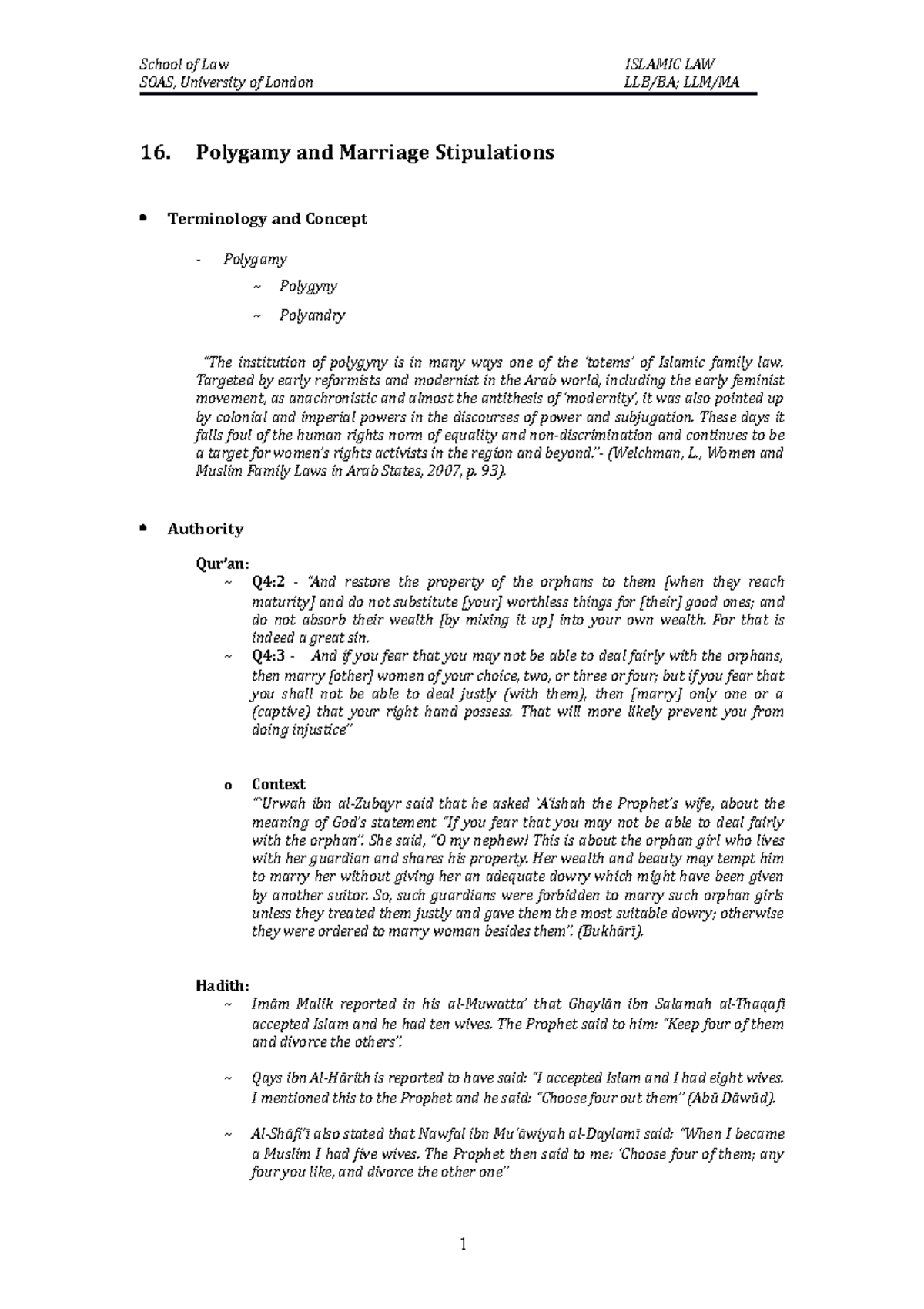 Polygamy and Marriage Stipulations - SOAS, University of London LLB/BA ...