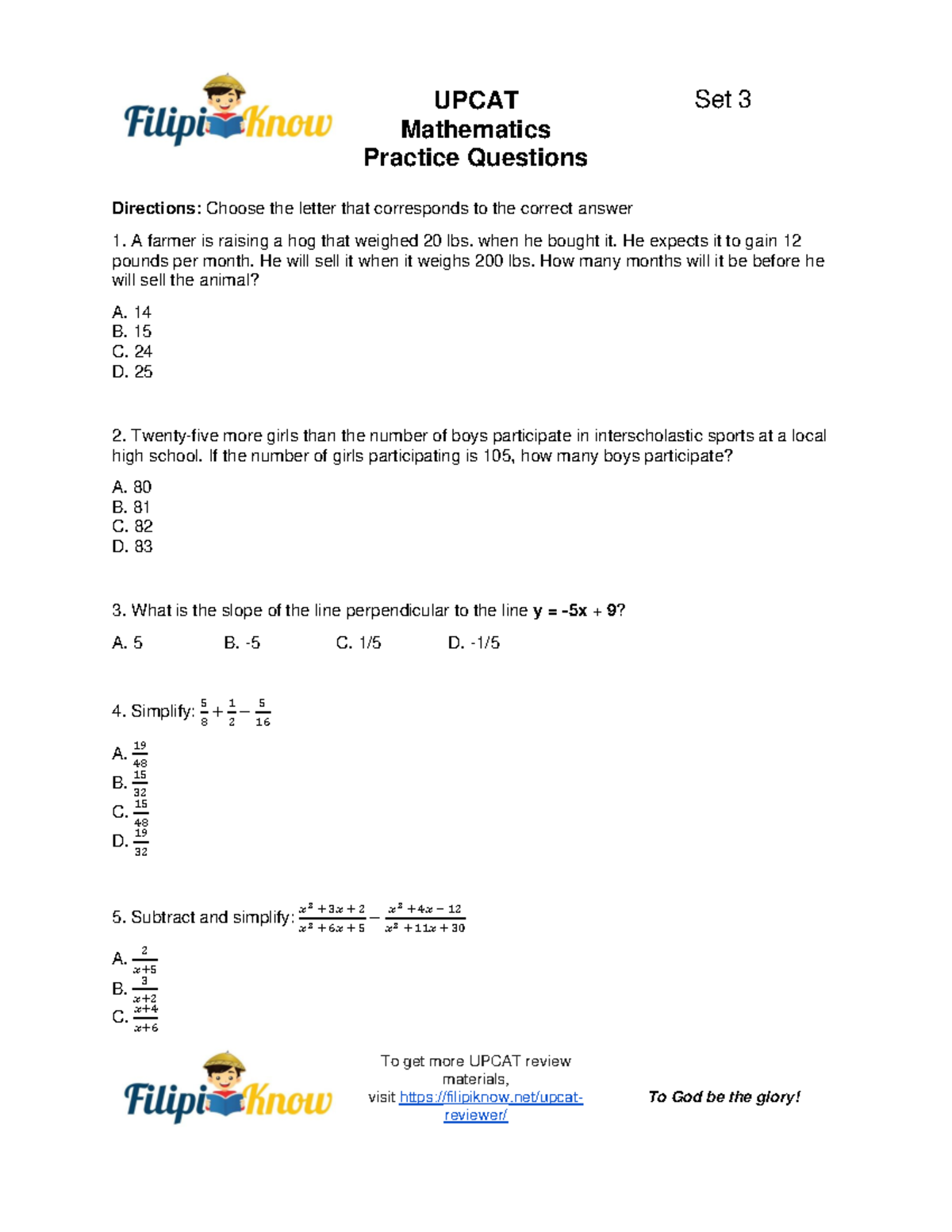 Upcat Mathematics Practice Questions Set 3 - UPCAT Mathematics Practice ...