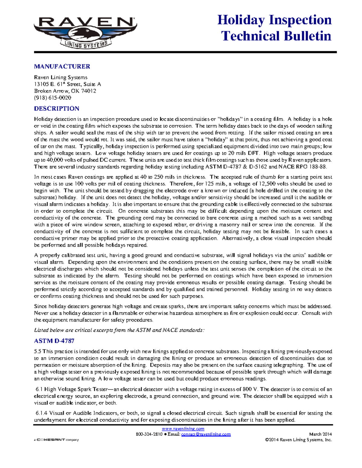 Holiday Inspection Testing Coatings - Technical Bulletin MANUFACTURER ...