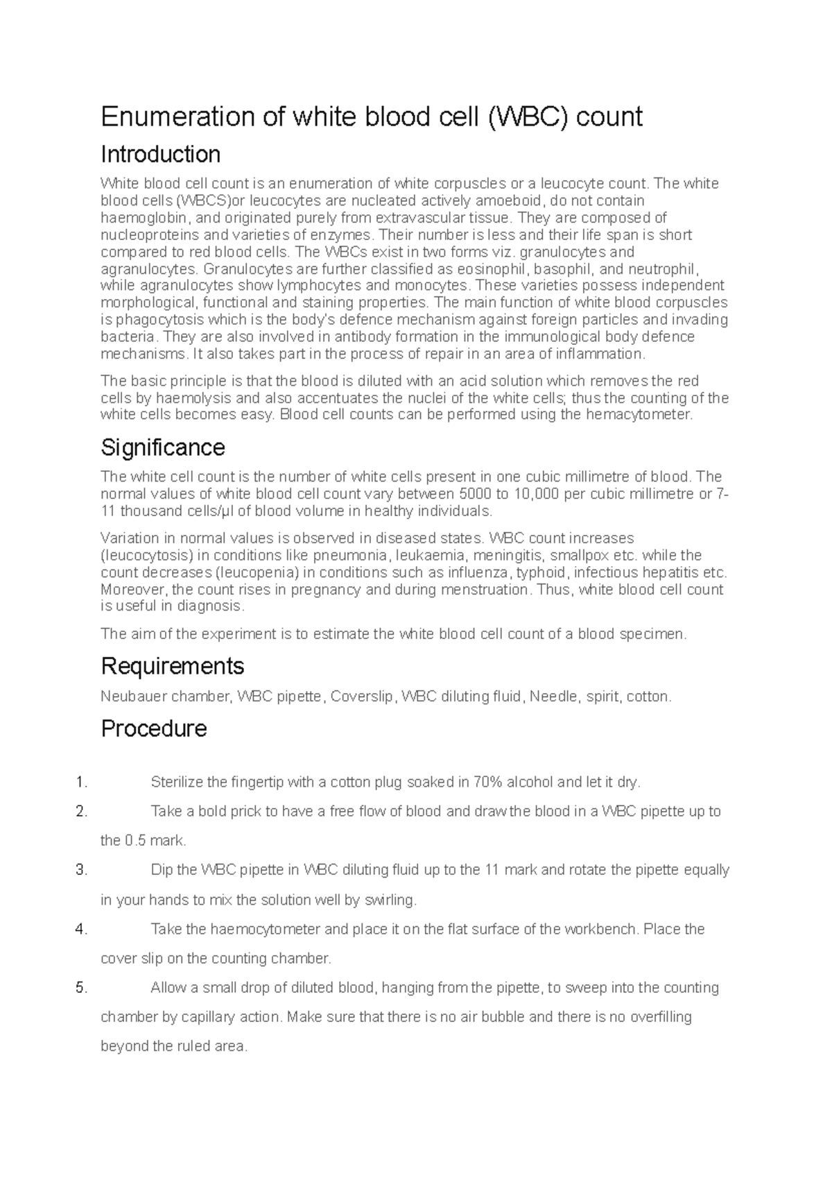 WBC Count - practical - Enumeration of white blood cell (WBC) count Introduction White blood ...