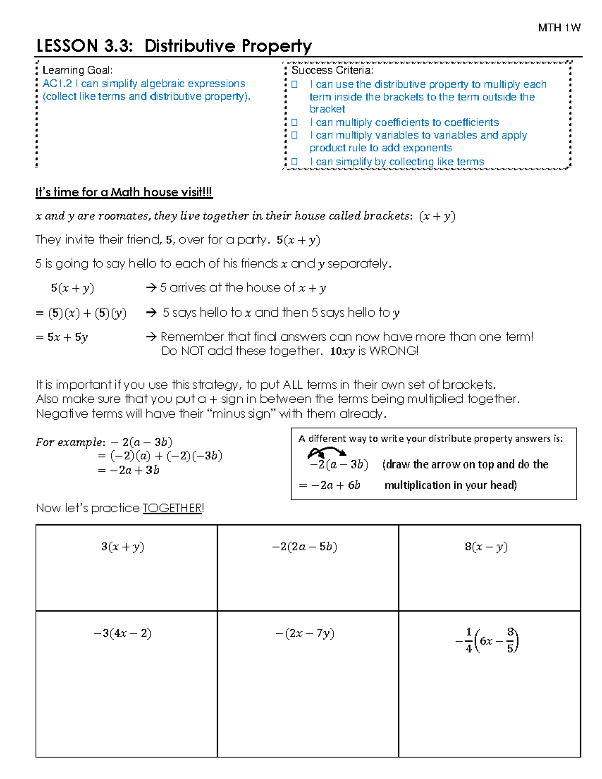 Distributive Property - MTH 1W LESSON 3: Distributive Property It’s ...