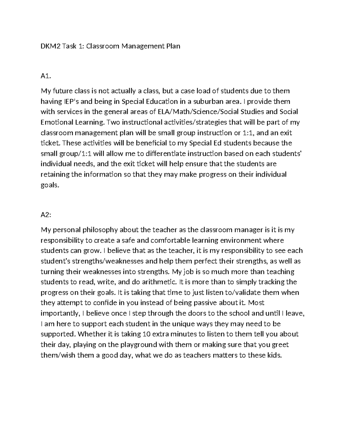 DKM2 Task 1Classroom Management Plan A1 - My future class is not ...