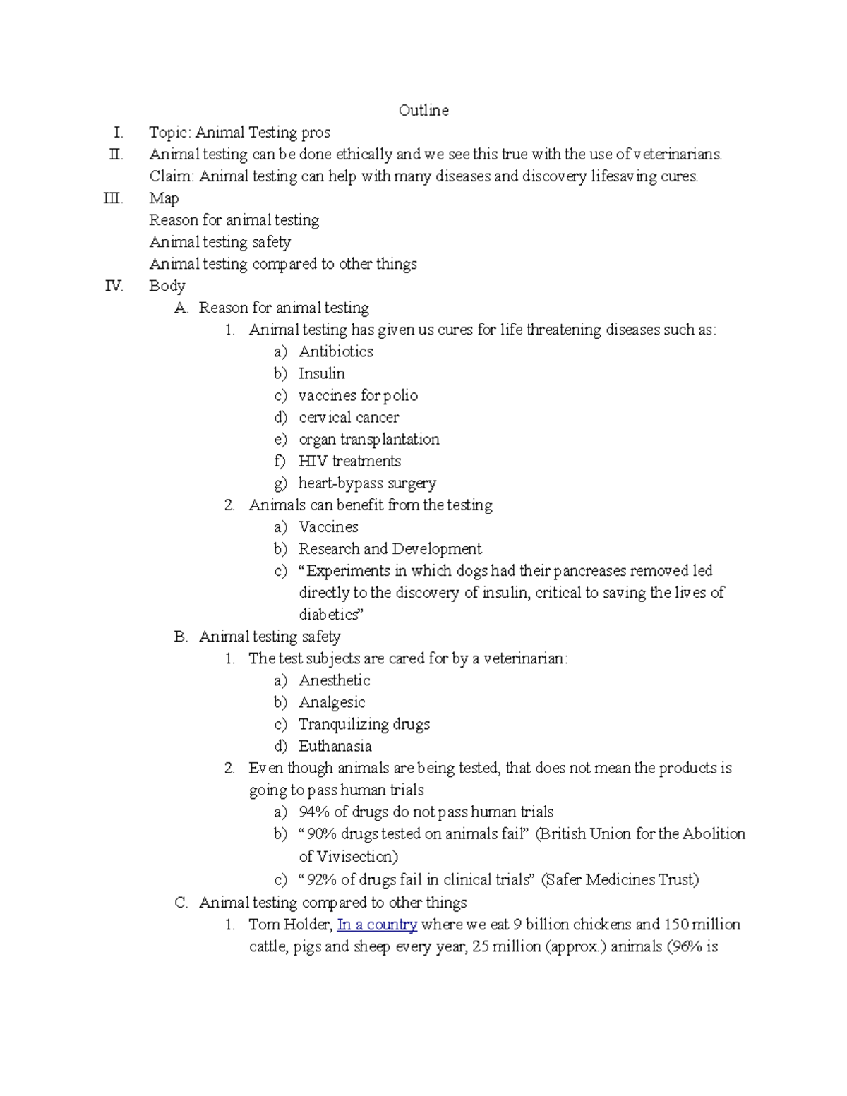 Speech #3 final outline - Outline I. II. IV. Topic: Animal Testing pros ...