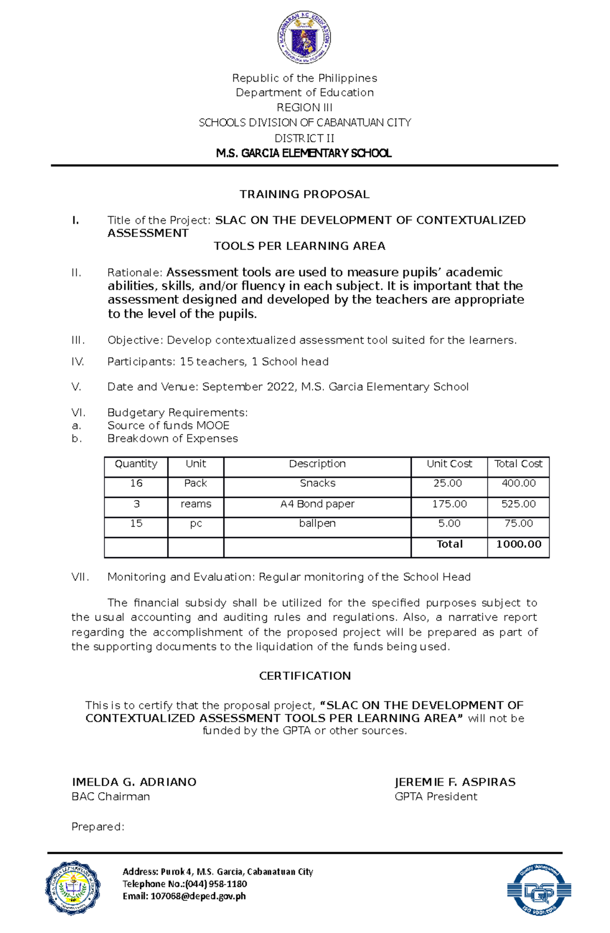 Project Proposal SLAC ON THE Development OF Contextualized Assessment ...