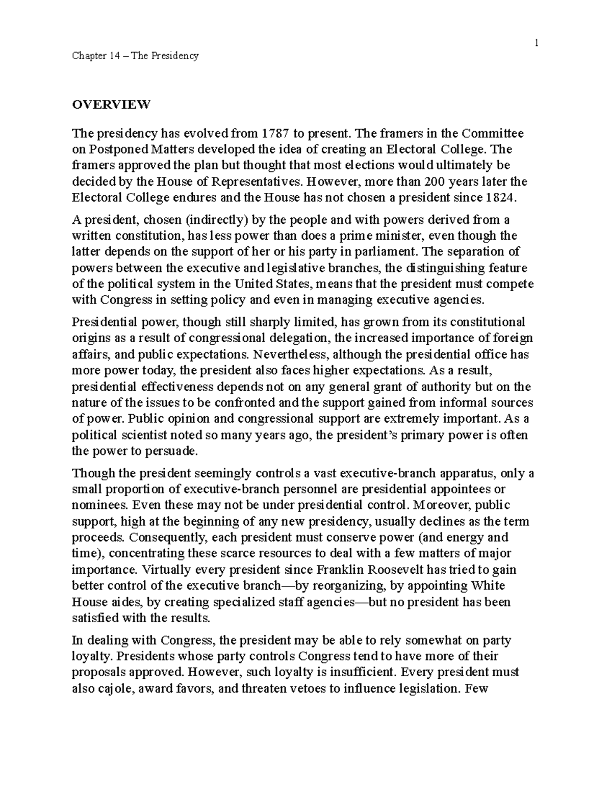 Chapter 14 – The Presidency - Chapter 14 – The Presidency OVERVIEW The ...