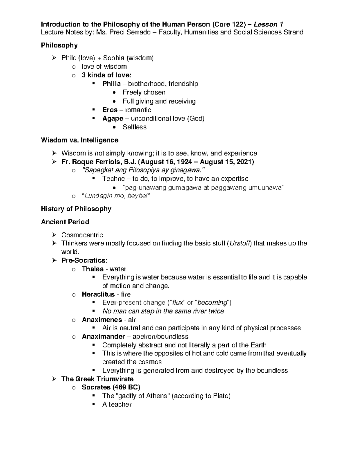 Intro To Philo Lecture Notes Lesson 1 Introduction To The