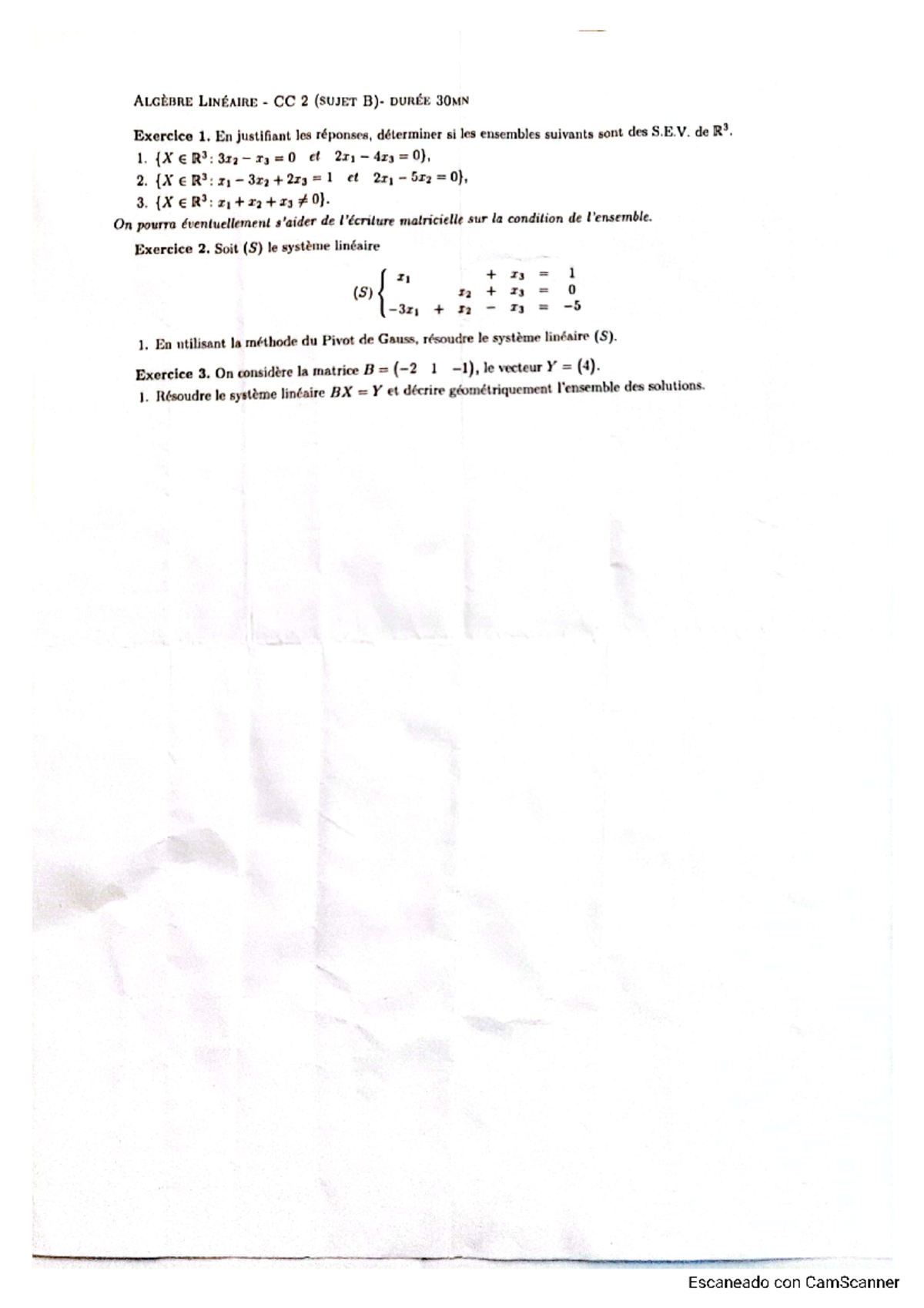 CC2 Algèbre linéaire - Sujet type CC2 - L2S1 - Algèbre Linéaire - Studocu