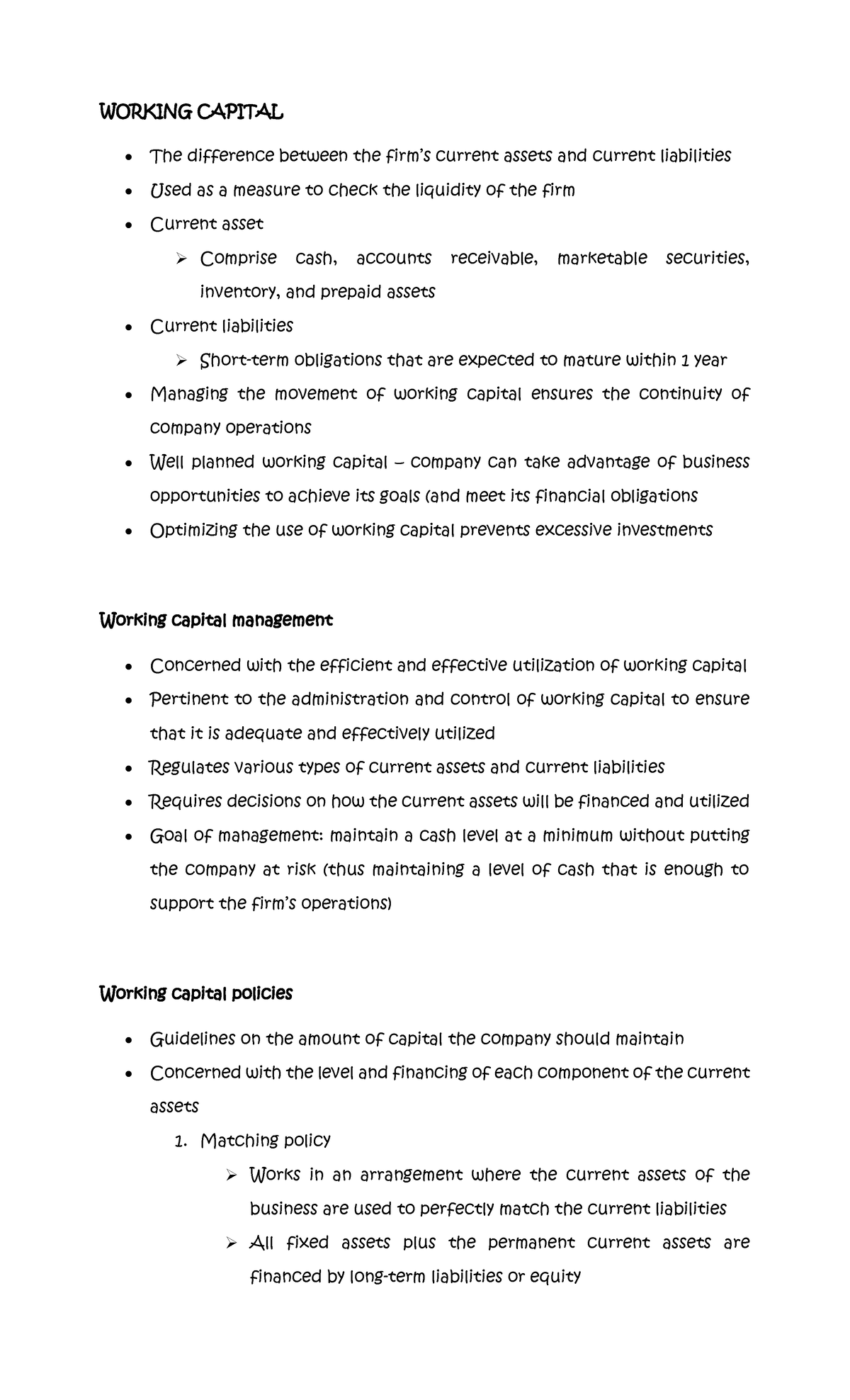 Working Capital - WORKING CAPITAL The difference between the firm’s ...
