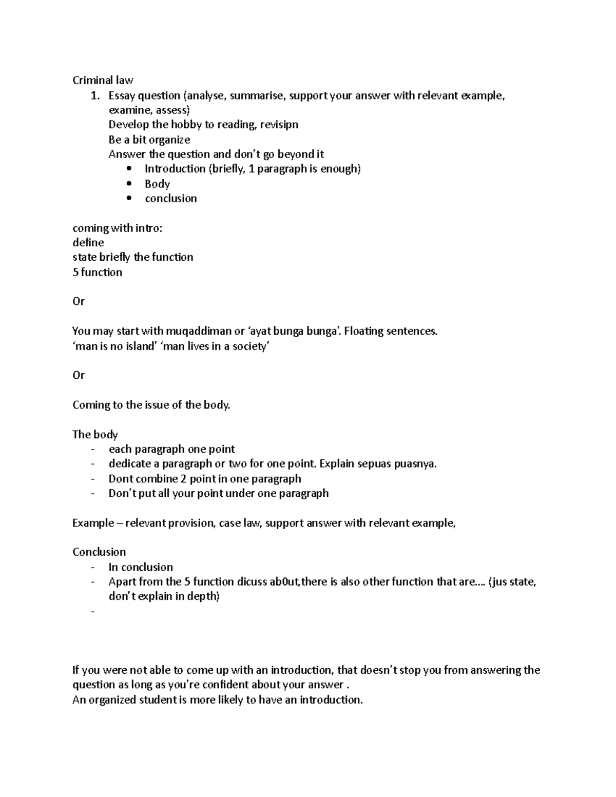 Criminal law - Essay question (analyse, summarise, support your answer ...