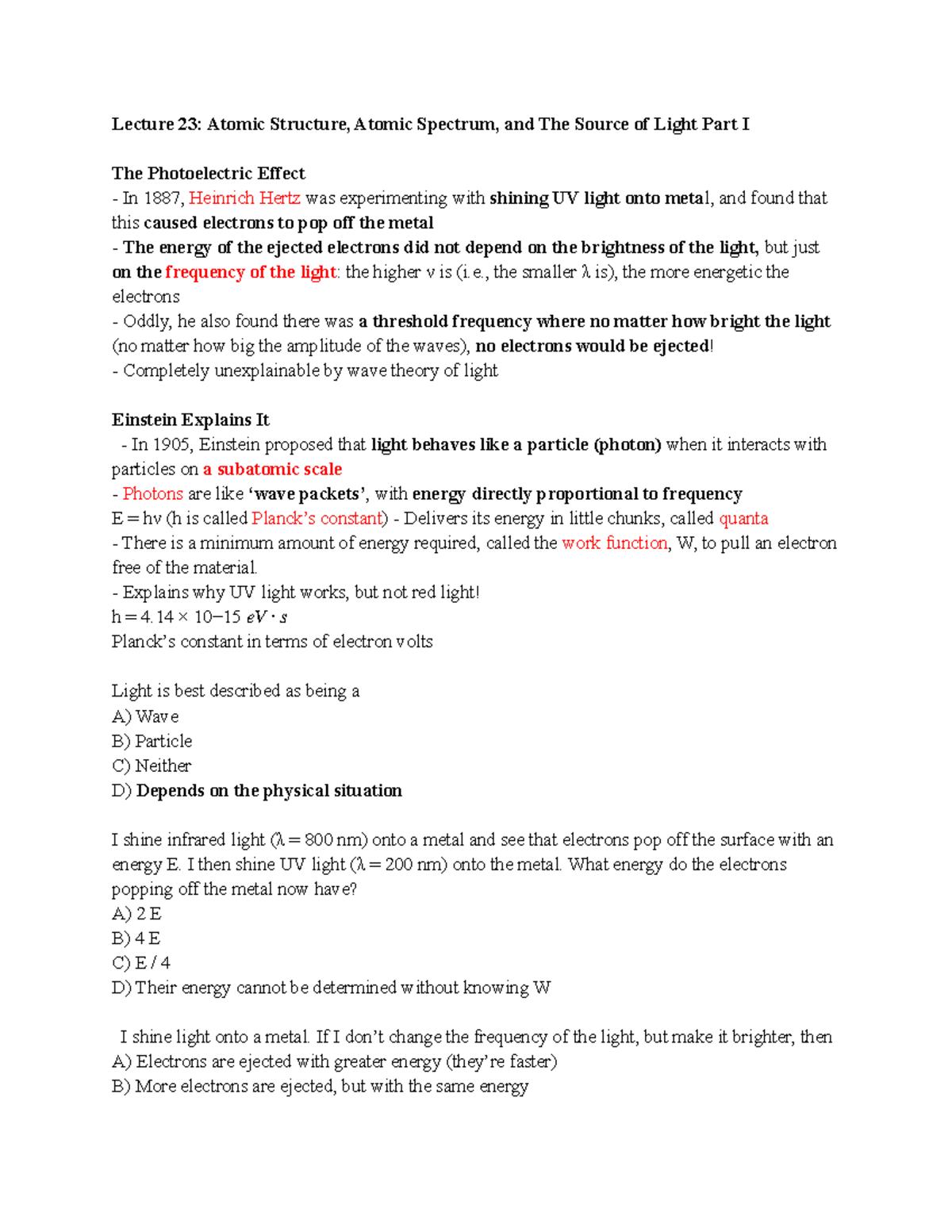 Physics - Lecture 23 - Lecture 23: Atomic Structure, Atomic Spectrum ...