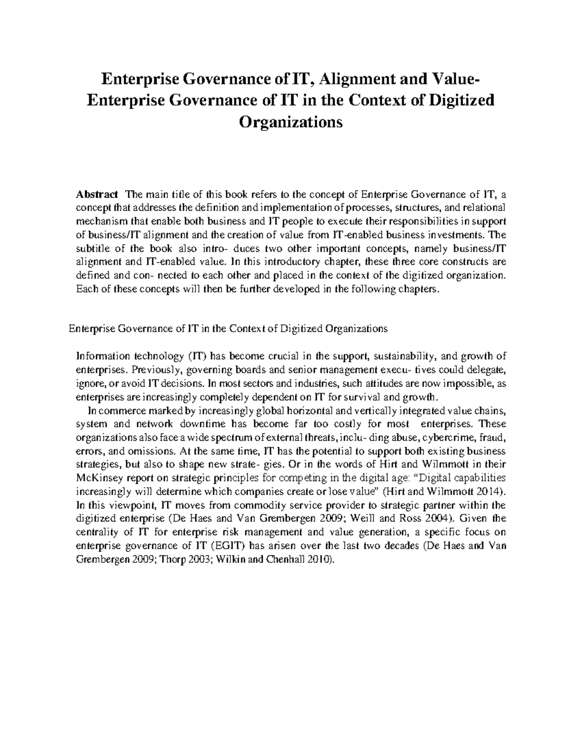 Enterprise Governance of IT, Alignment and Value- Enterprise Governance ...