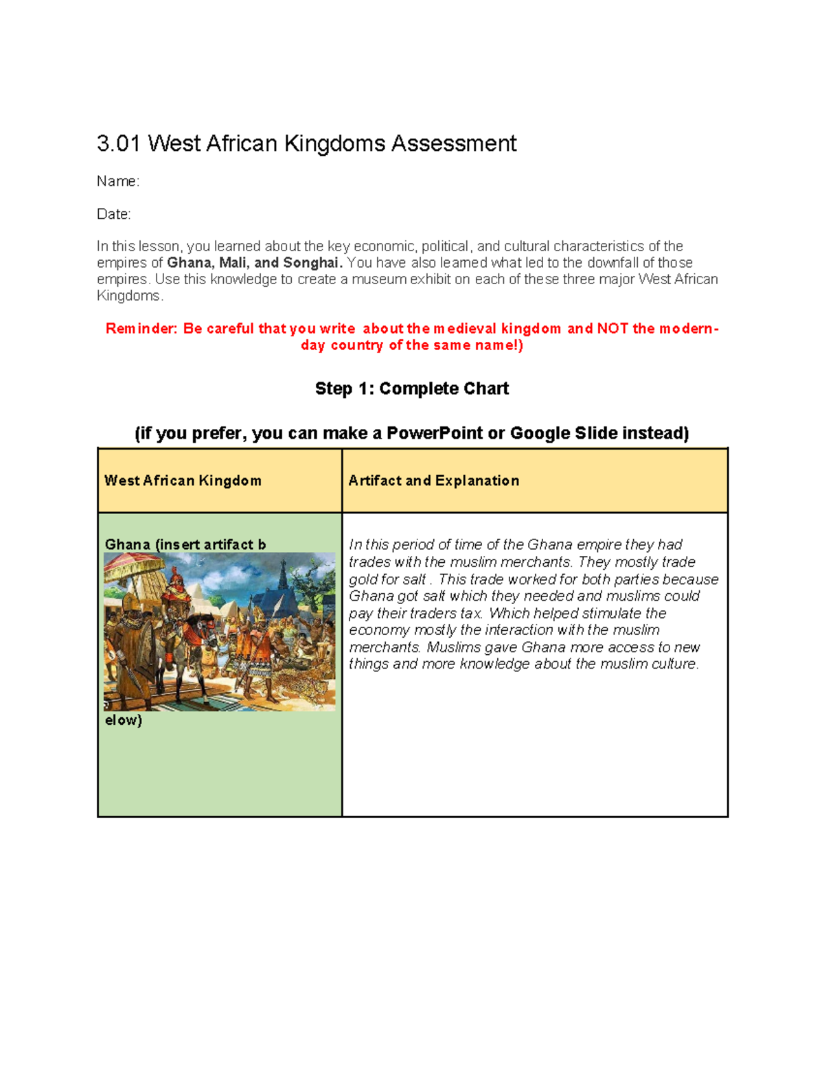 Copy of 3.01 v23 - flvs - 3 West African Kingdoms Assessment Name: Date ...