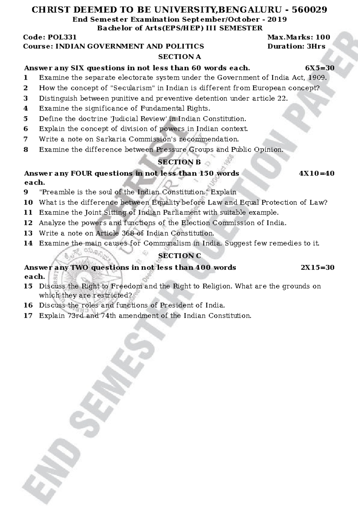 POL331 - This is the end semester paper for practice. - CHRIST DEEMED ...