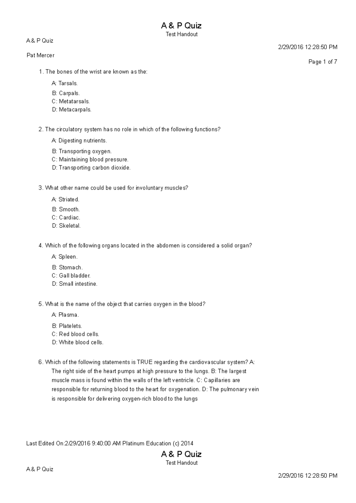 A P Quiz - EMT - A & P Quiz Test Handout A & P Quiz 2/29/2016 12:28:50 ...