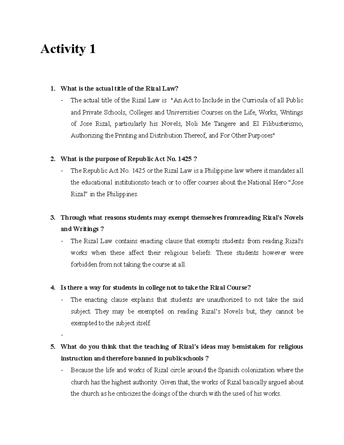 Chapter 1 of Rizal - Activity 1 What is the actual title of the Rizal ...