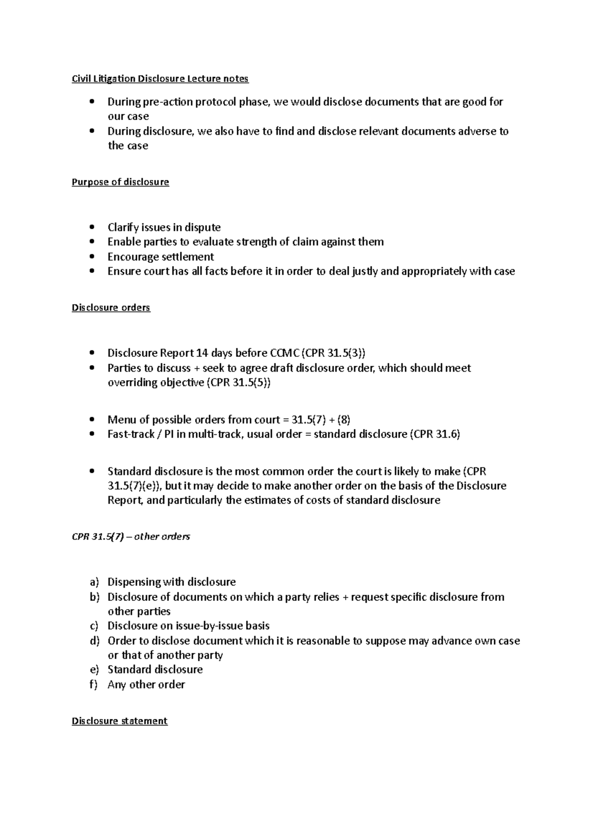 Civil Litigation Disclosure Lecture notes - Only a client can sign the ...