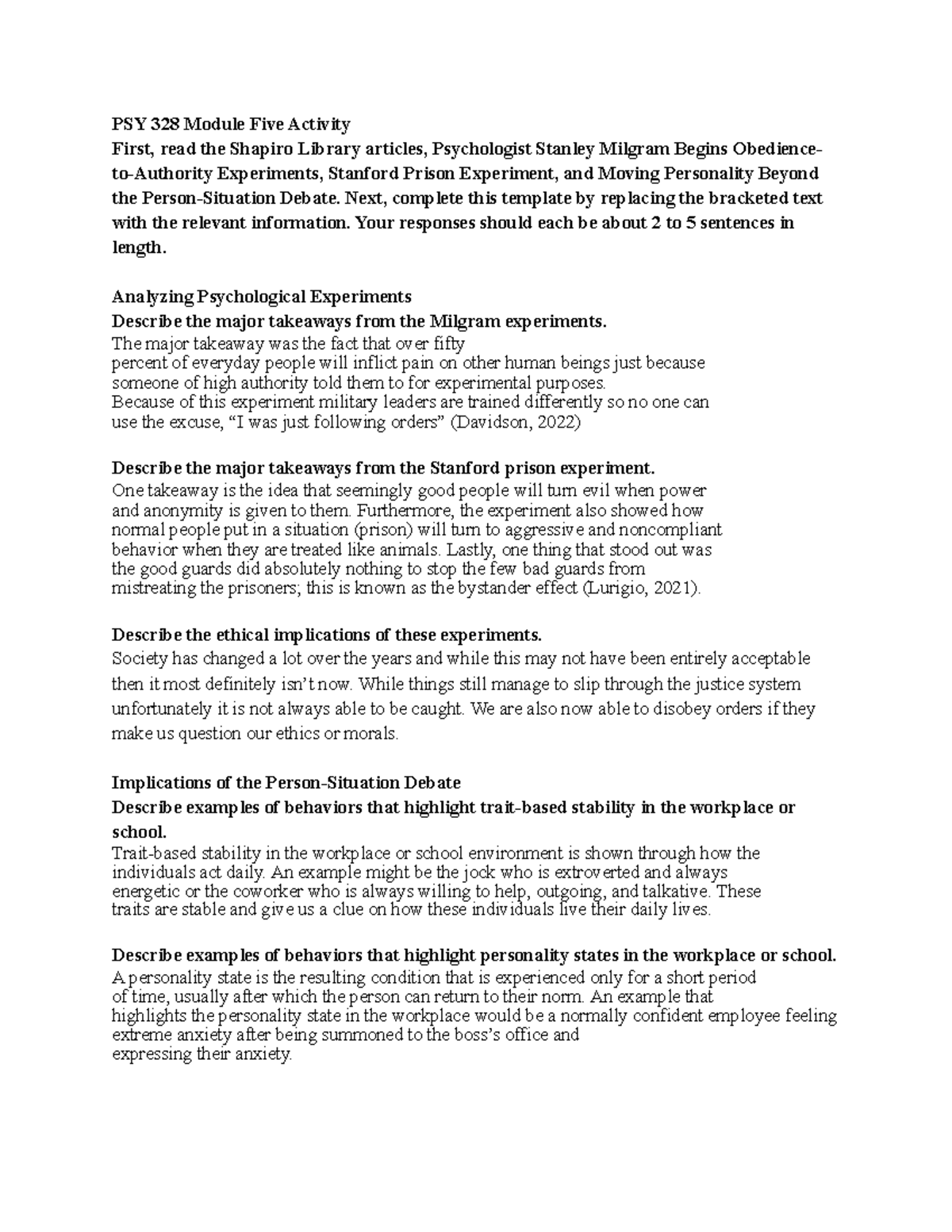 PSY 328 Module Five Activity - PSY 328 Module Five Activity First, read ...