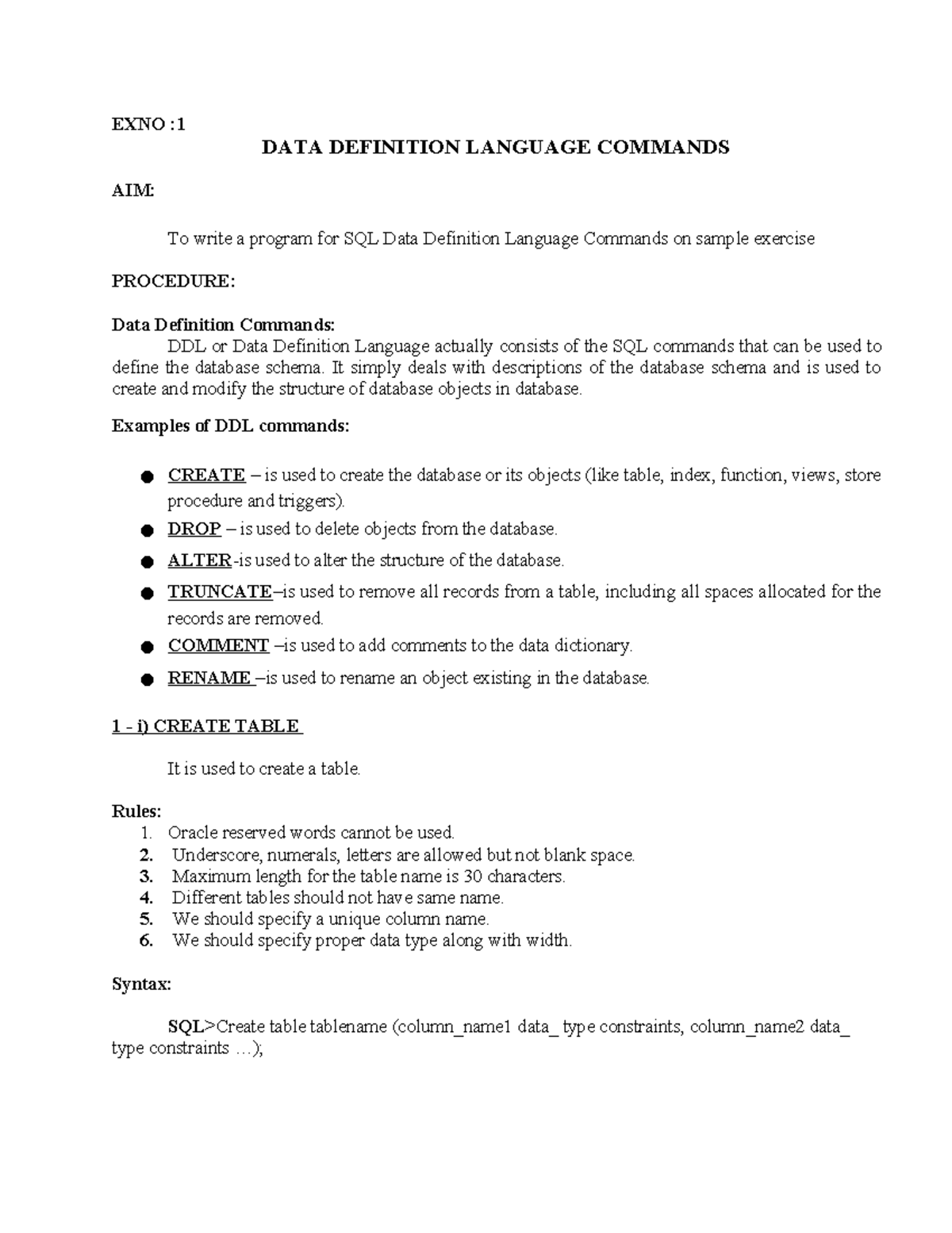 21 Dbms Manual Exno Data Definition Language Commands Aim To Write