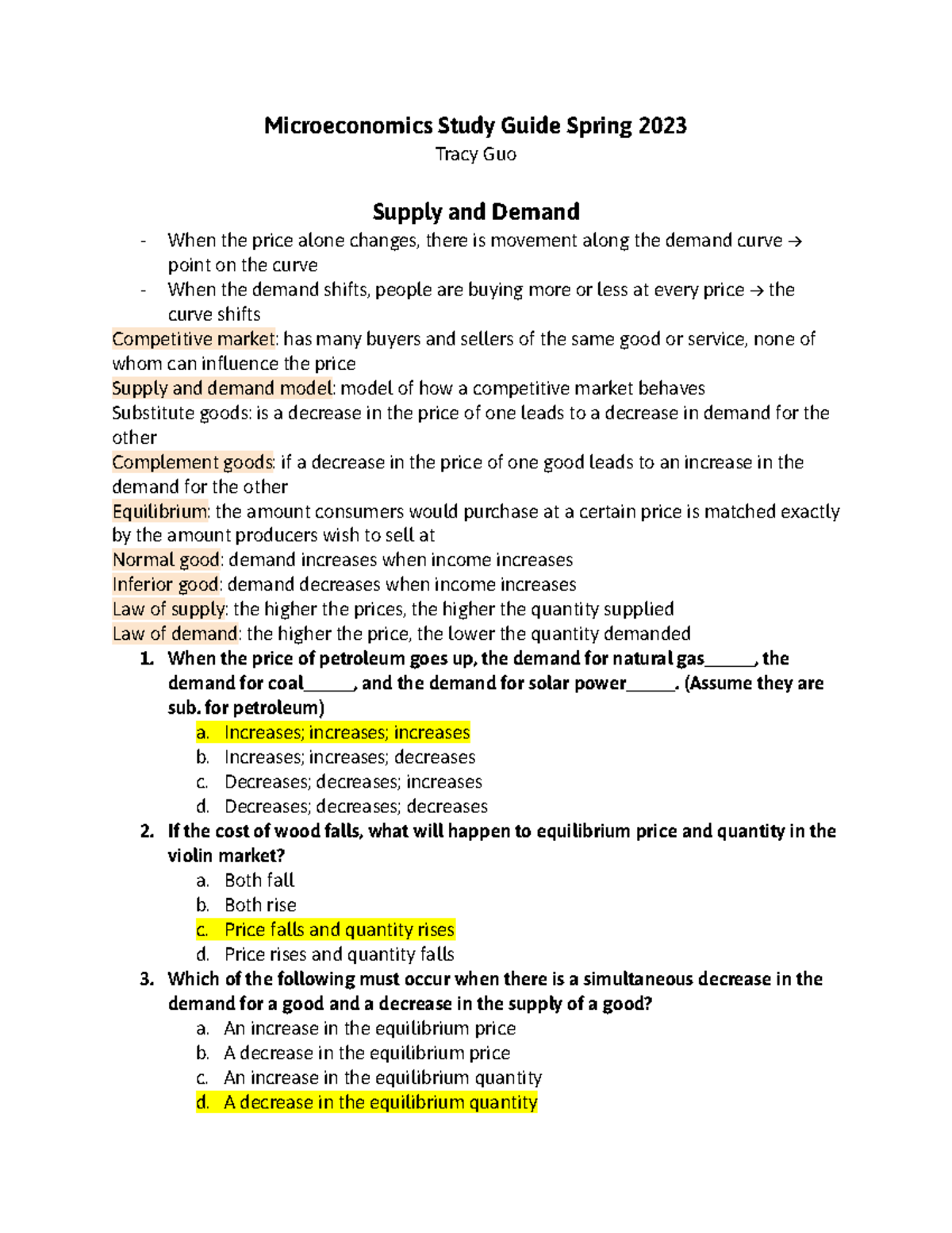 Micro Final Study Guide - Microeconomics Study Guide Spring 2023 Tracy ...