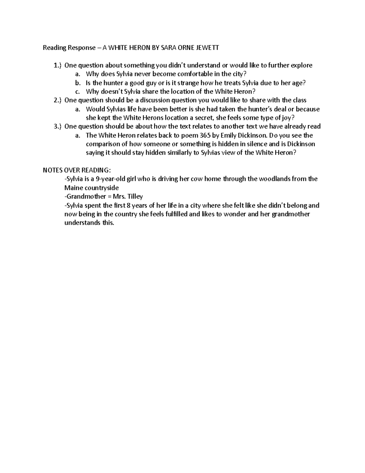 Reading Response - a white heron - Reading Response – A WHITE HERON BY ...