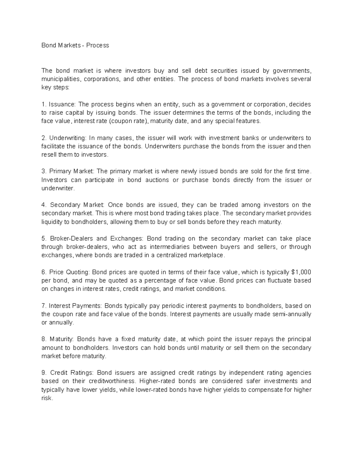 Bond Markets - Process - Lecture Notes - Bond Markets - Process The ...