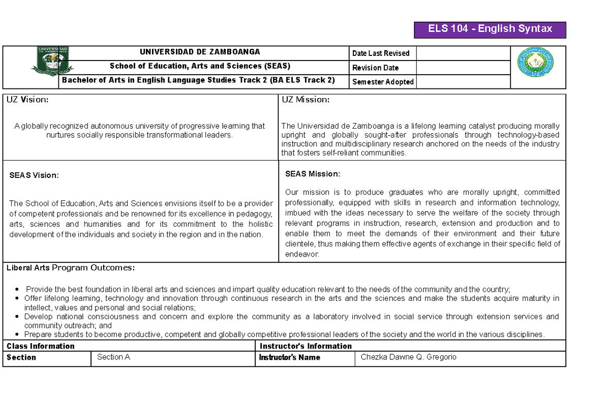 Copy of ELS 104 - English Syntax - UNIVERSIDAD DE ZAMBOANGA Date Last Revised School of ...