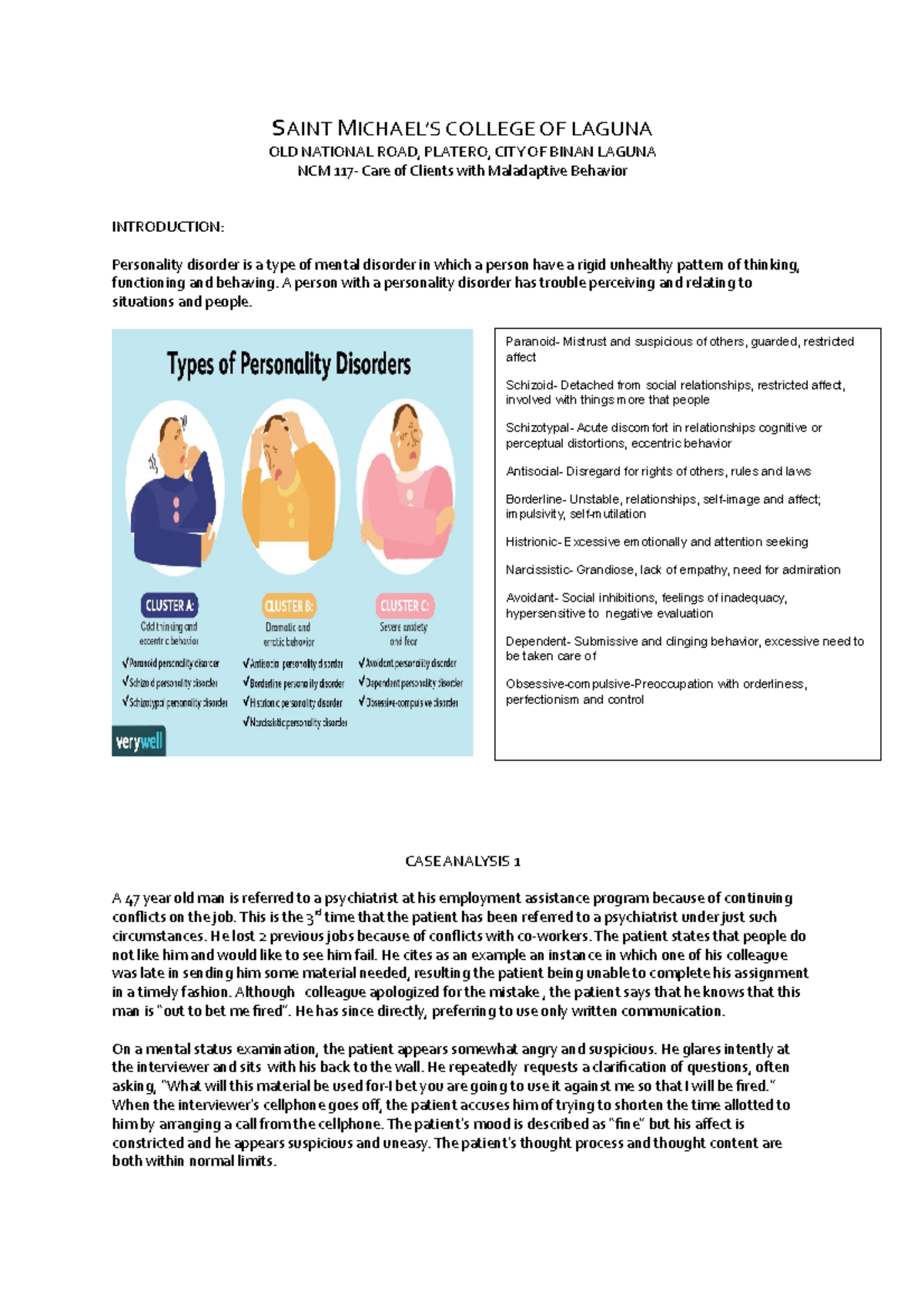 Case analysis-Personality disorders - SAINT MICHAEL’S COLLEGE OF LAGUNA ...