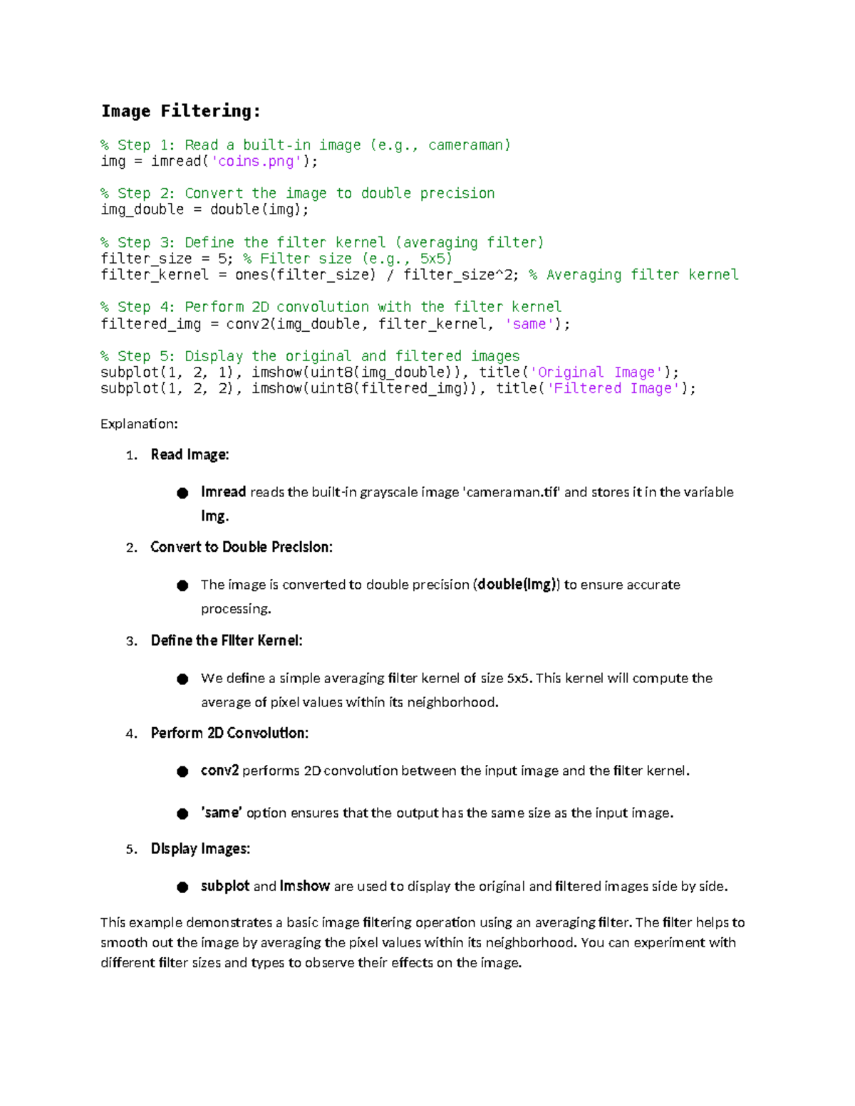 Image Filtering and video - Image Filtering: % Step 1: Read a built-in ...