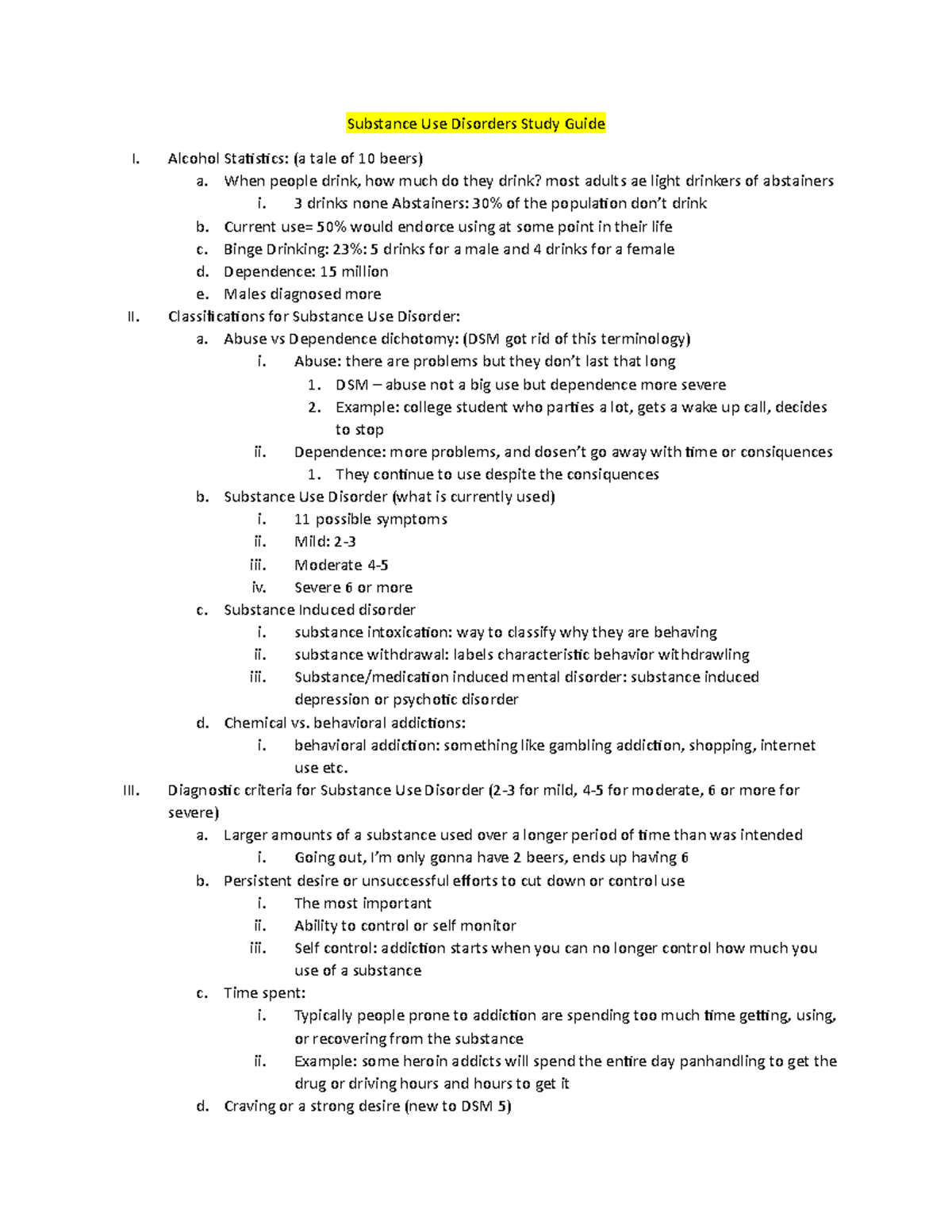 Addiction Study Guide - Substance Use Disorders Study Guide I. Alcohol ...