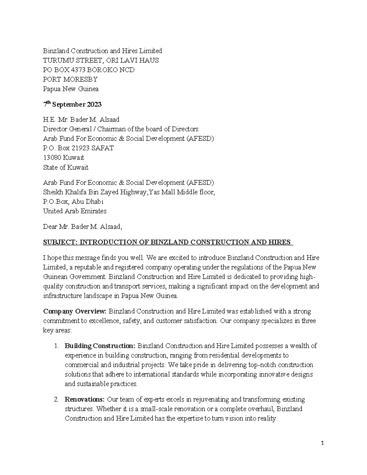 Cover Letter Binzland - Binzland Construction and Hires Limited TURUMU ...