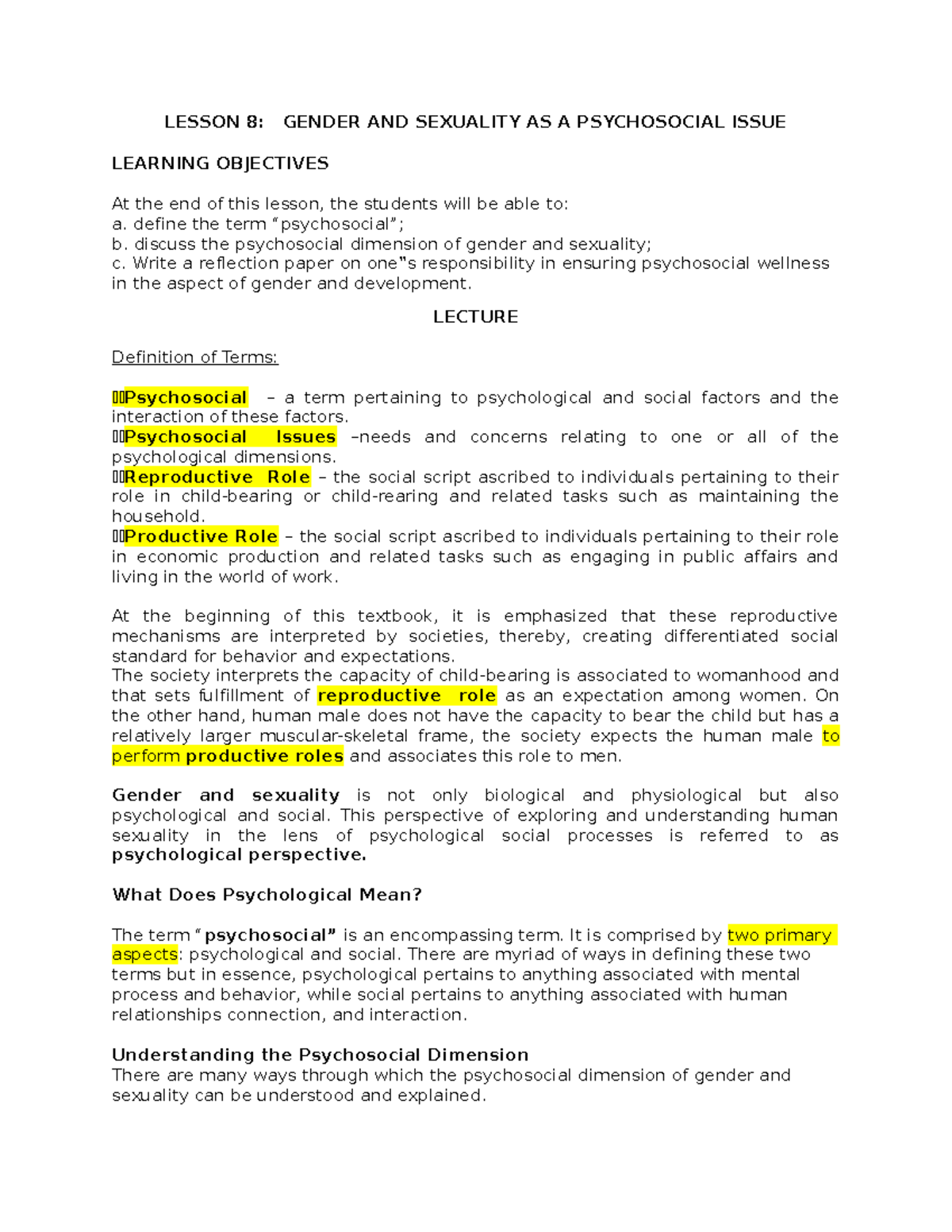 Lesson 8 Gender and sexuality as a Psychosocial issue - LESSON 8 ...
