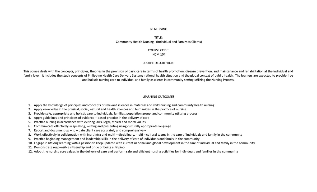 Community health nursing obe - BS NURSING TITLE: Community Health ...