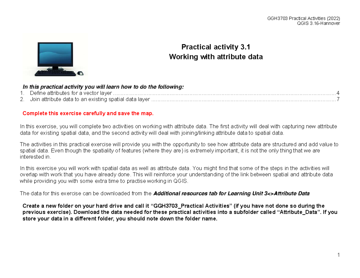 Prac 3.1 Capturing and Editing Spatial Data - QGIS 3-Hannover Practical activity 3. Working with ...