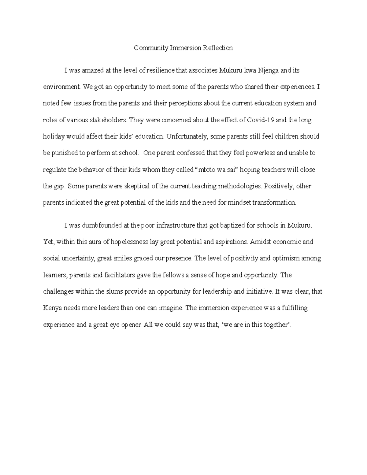 Community Immersion Reflection - We got an opportunity to meet some of ...