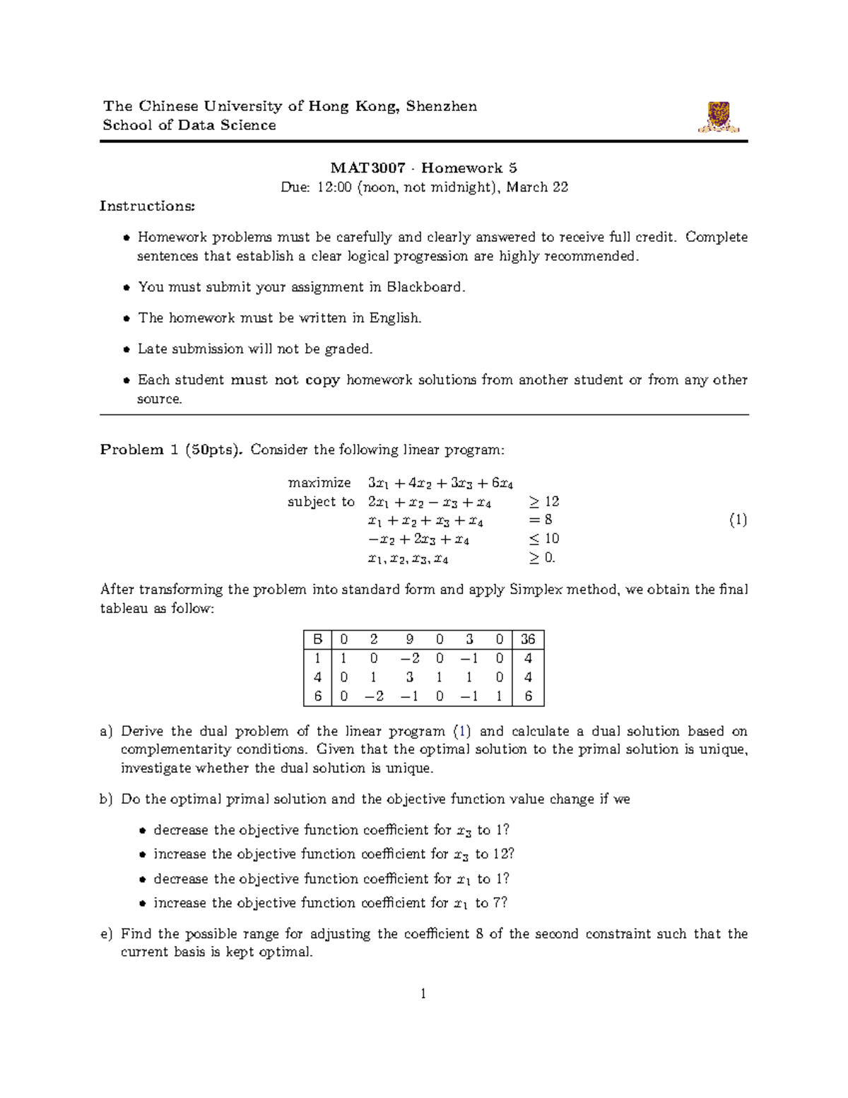 Assignment 5 - The Chinese University of Hong Kong, Shenzhen School of Data Science MAT3007 ...